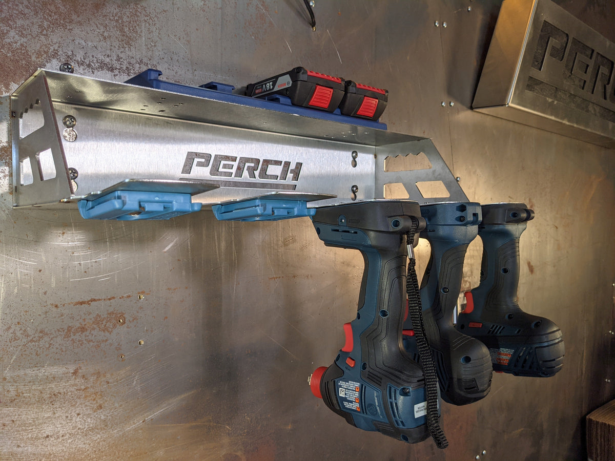 Perch-V Tool Mount Rack - Securely Mount 5 Cordless Tools, 4 Slot Batt